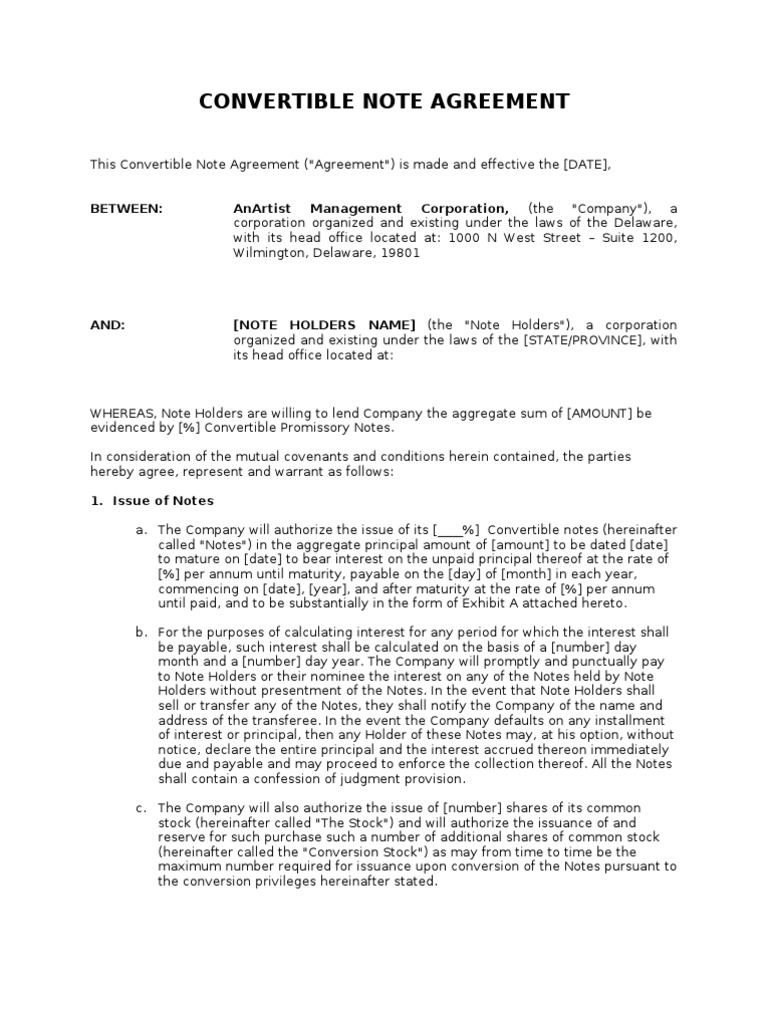 Convertible Note Agreement | PDF | Consolidation (Business) | Stocks