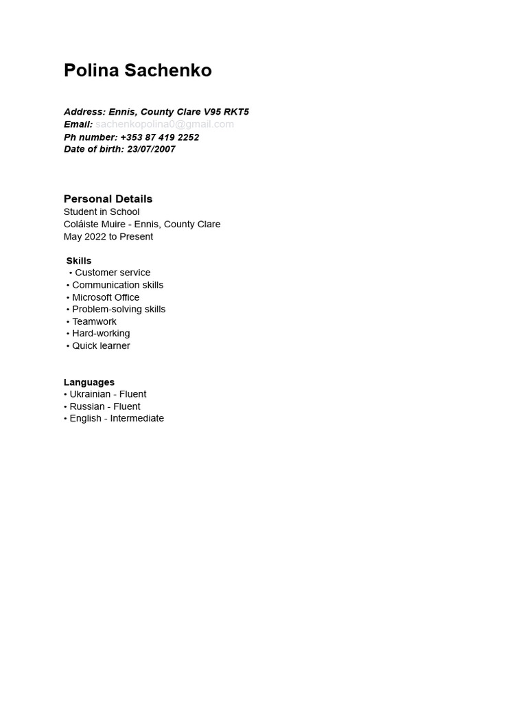 Polina Sachenko: Personal Details | PDF
