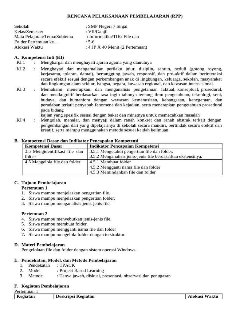 RPP Tik Materi File & Folder | PDF