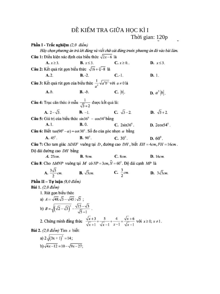 Đề Kiểm tra giữa HKI lớp 9 | PDF