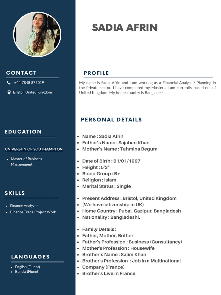 Bio Data Sadia Afrin | PDF