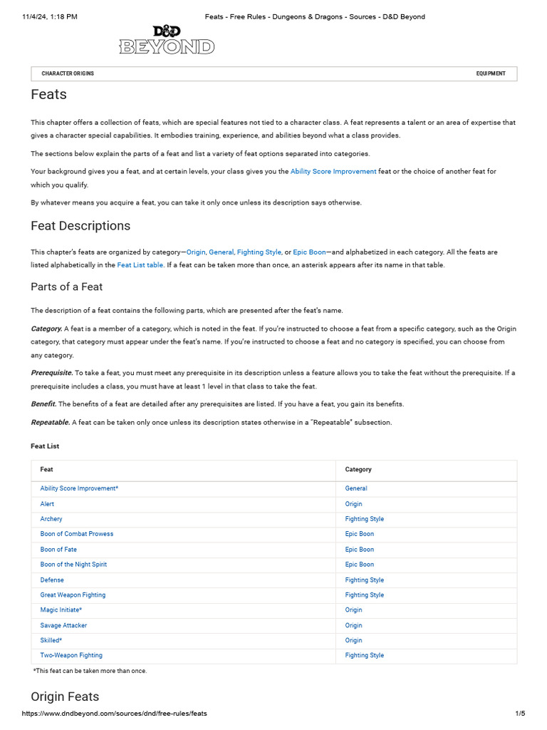 Feats - Free Rules - Dungeons & Dragons - Sources - D&D Beyond | PDF | Gary Gygax Games | D20 System