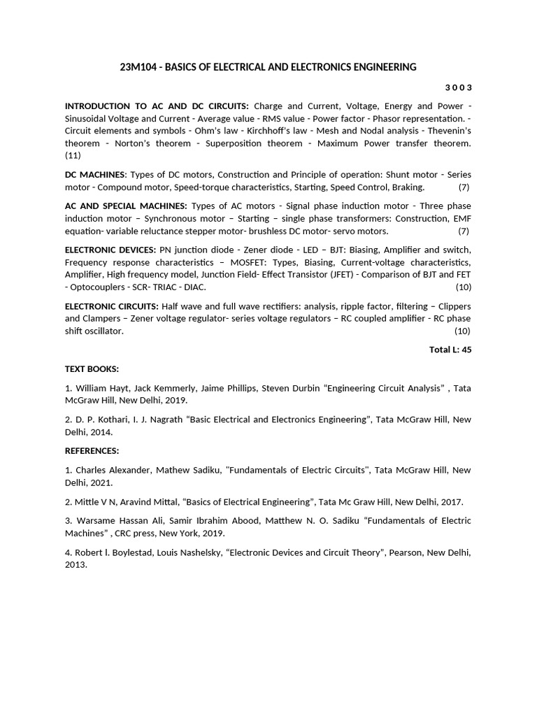 23M104-BEEE Syllabus | PDF | Electronic Engineering | Electrical Network