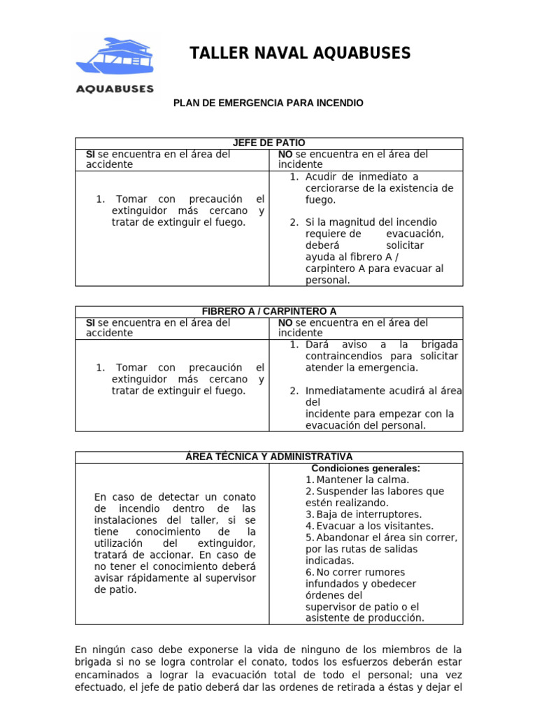 Plan de Emergencia Contra Incendios Aquabuses | PDF