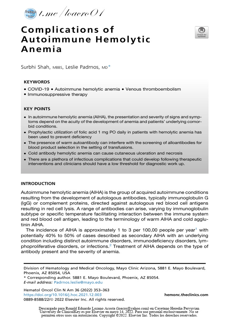 2022 Hematol Oncol Clin N Am - Complicaciones de La Anemia Hemolítica ...