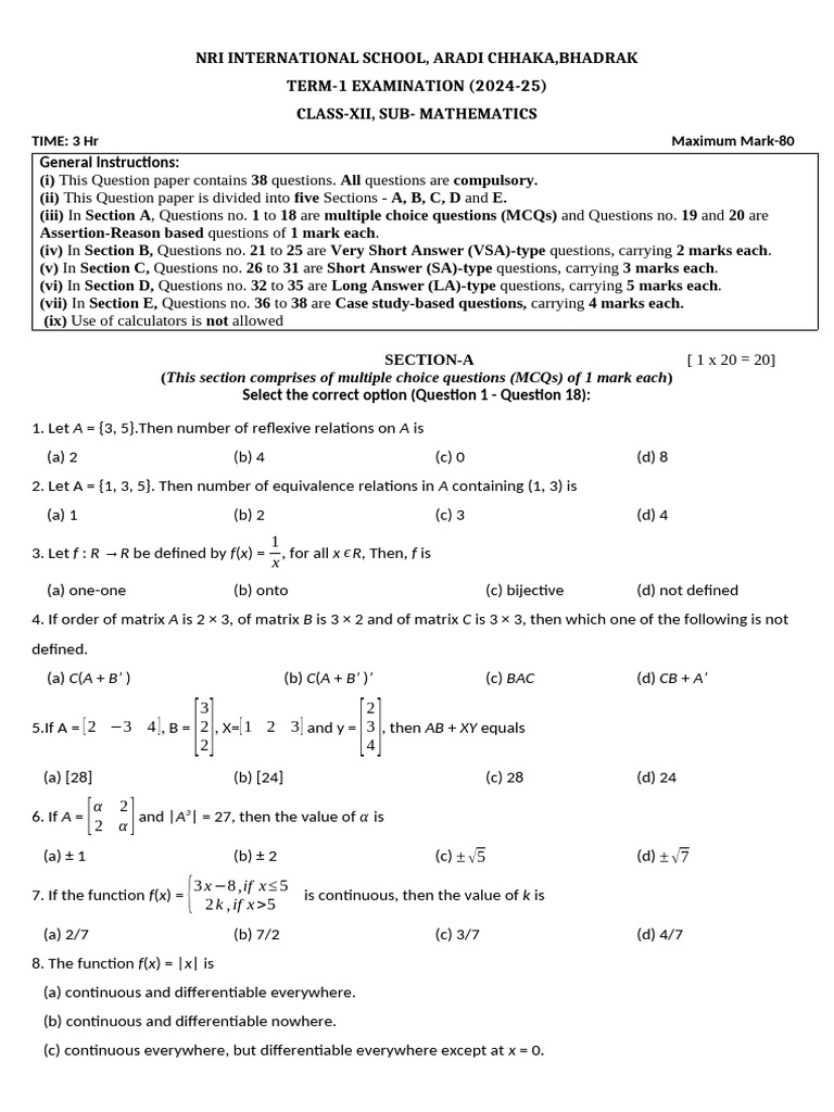 Xii Math Term-1 QP 2024 | PDF | Multiple Choice | Functions And Mappings