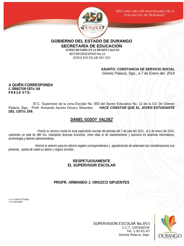 Constancia de SERVICIO SOCIAL CBTis 159 | PDF