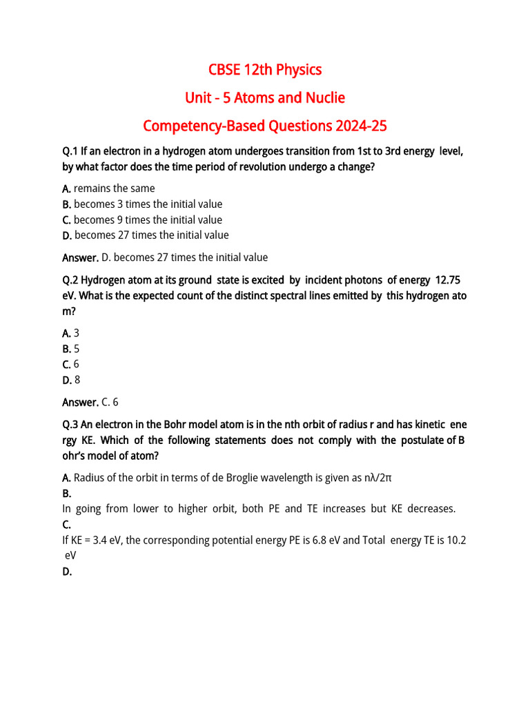 CBSE 12th Physics Questions | PDF | Atomic Nucleus | Atoms