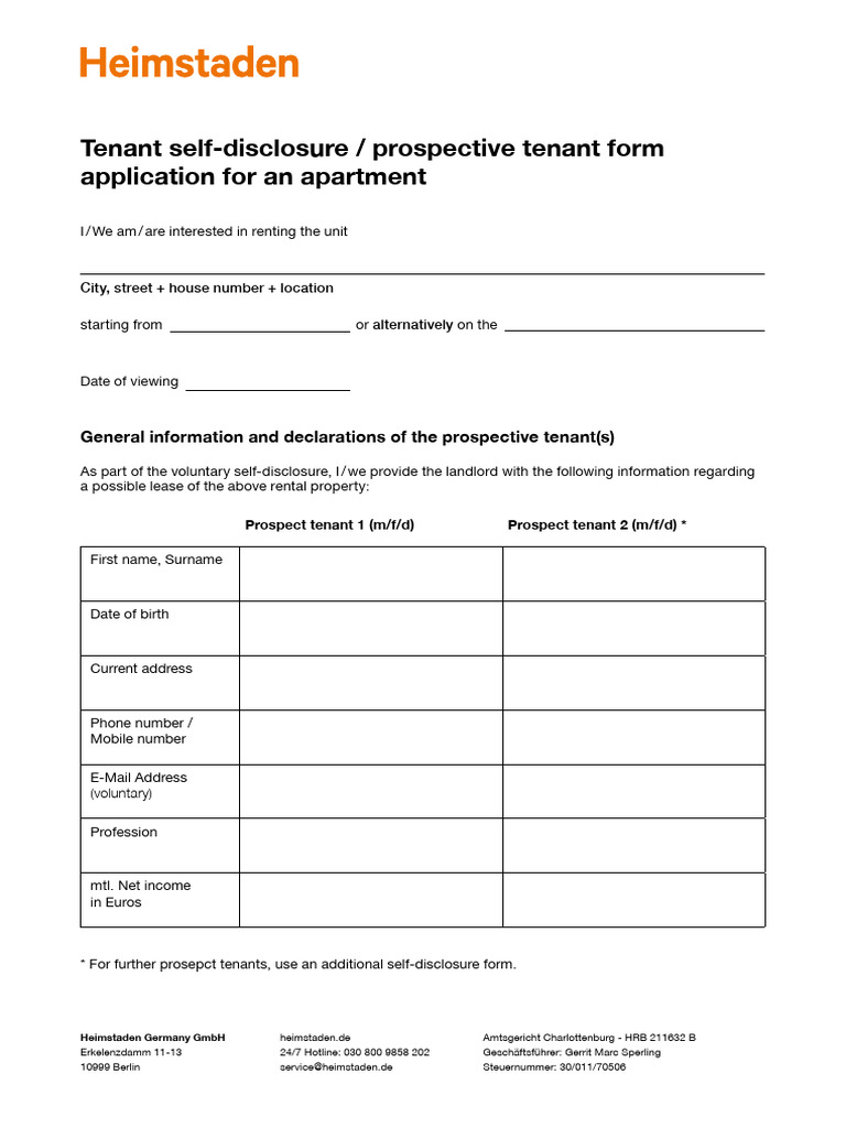 Eng Tenant Self Disclosure For Apartment 1 24 Wohnen | PDF | Private ...