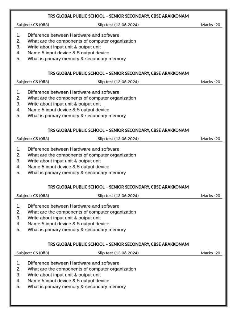 11th Computer Sci Slip Test | PDF | Computers | Technology & Engineering