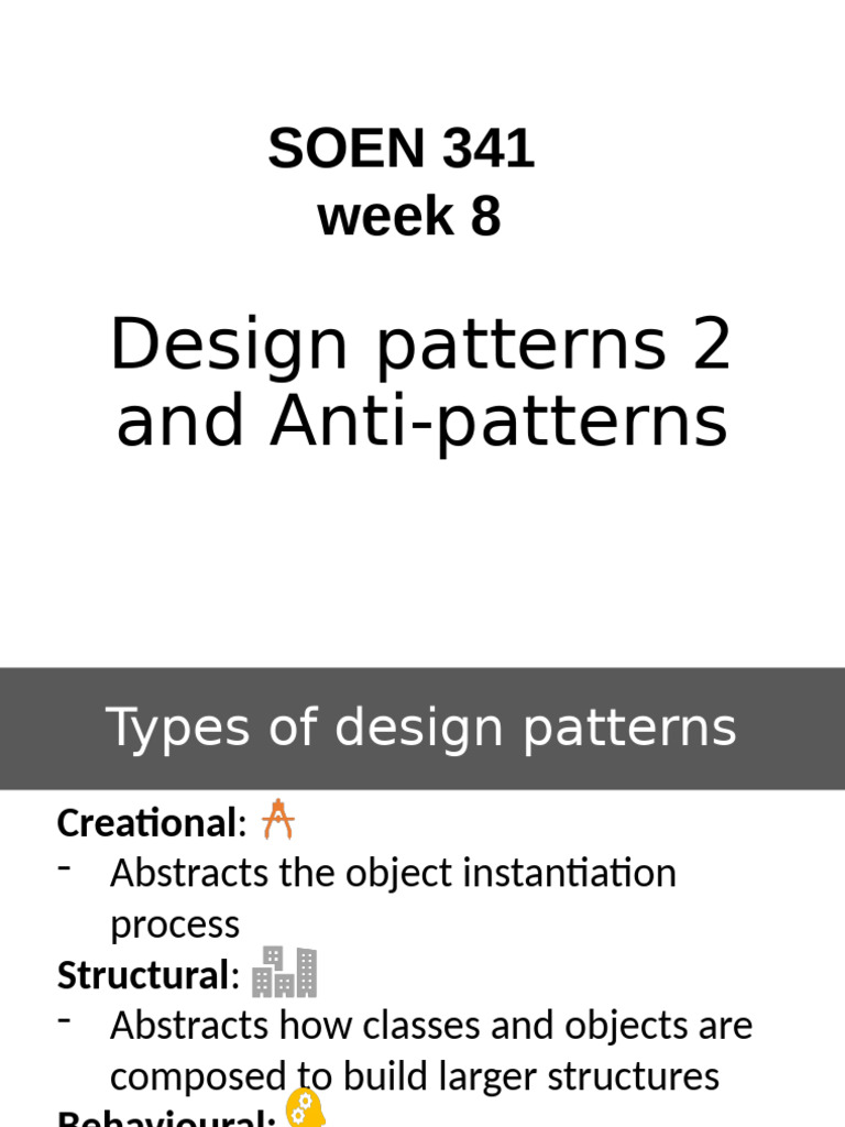 SOEN 341: Design Patterns Overview | PDF | Class (Computer Programming) | Method (Computer ...