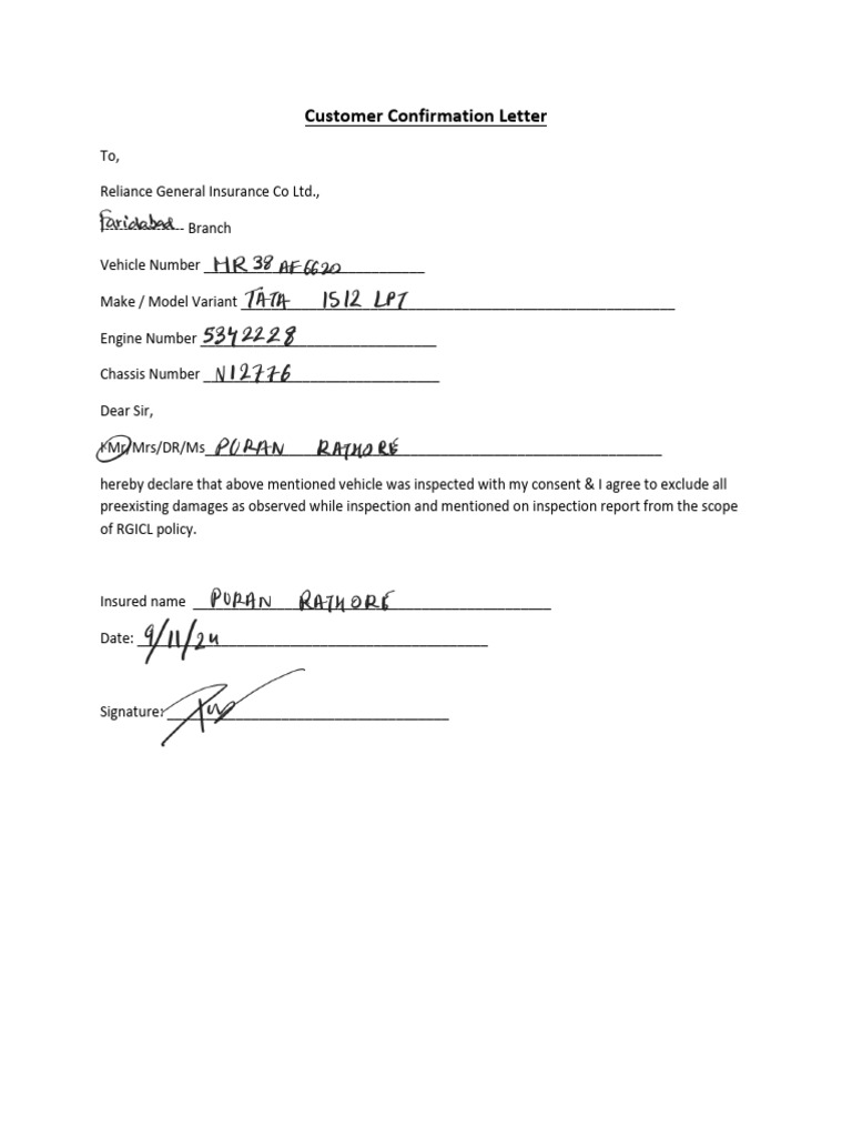 Customer Confirmation Letter | PDF