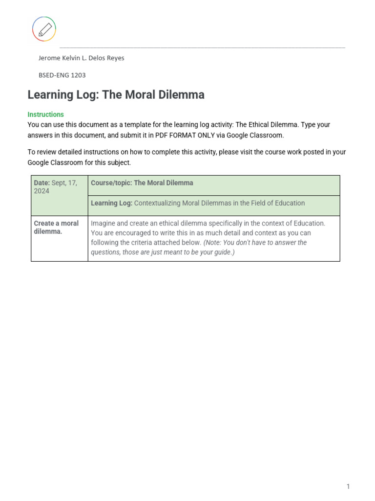 LL1 Template (Ethical Dilemma) | PDF | Social Psychology | Behavior ...