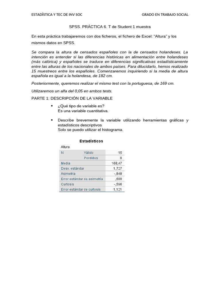 Practica 6 T de Student 1 Muestra | PDF | Valor P | Spss