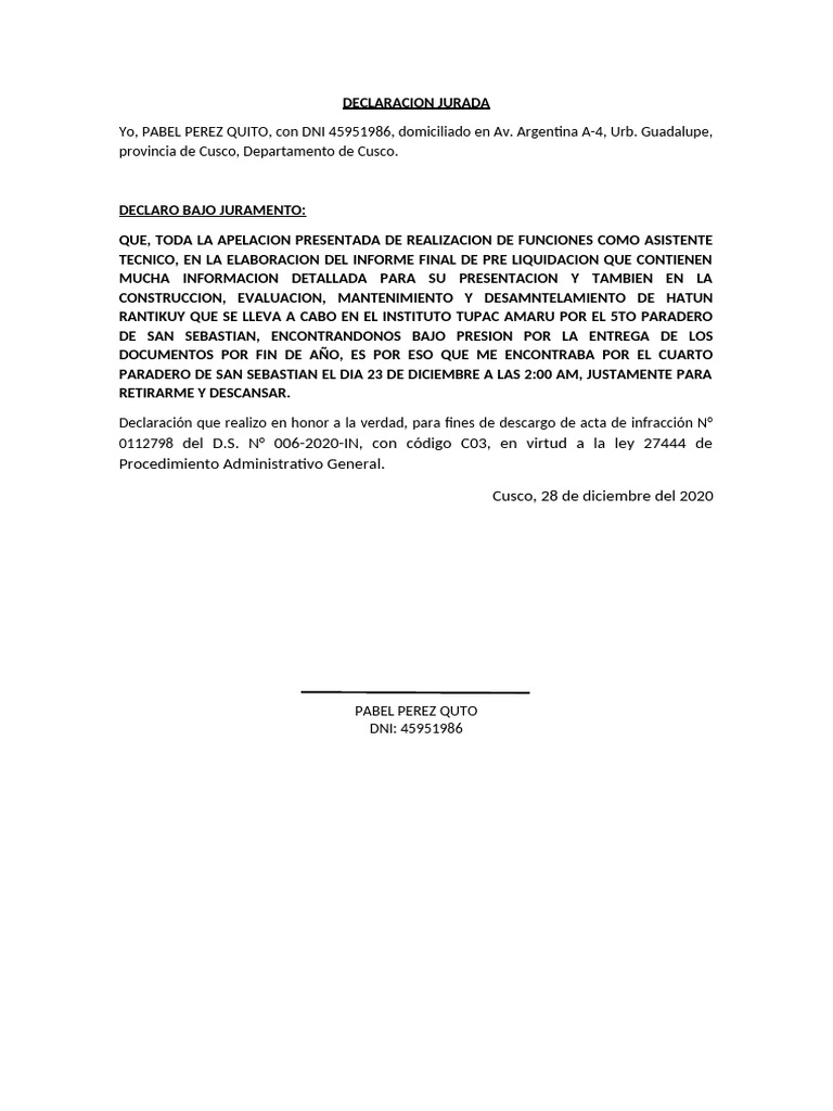 Declaracion Jurada | PDF