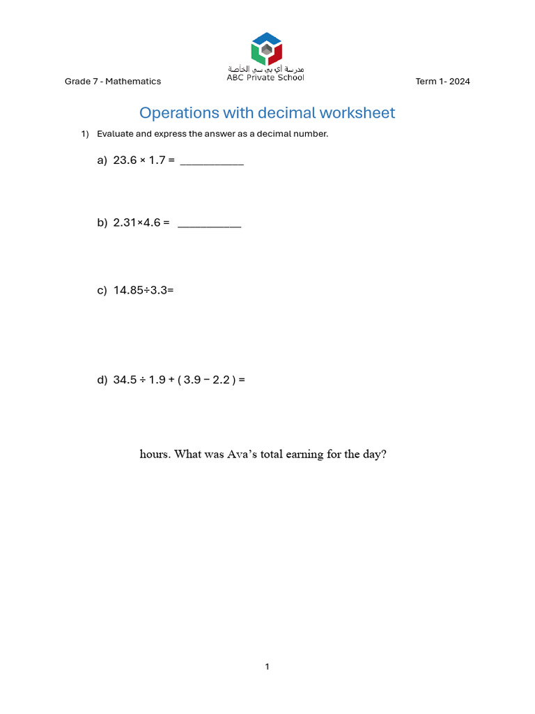 Operations With Decimal Worksheet Grade 7 | PDF | Teaching Methods & Materials