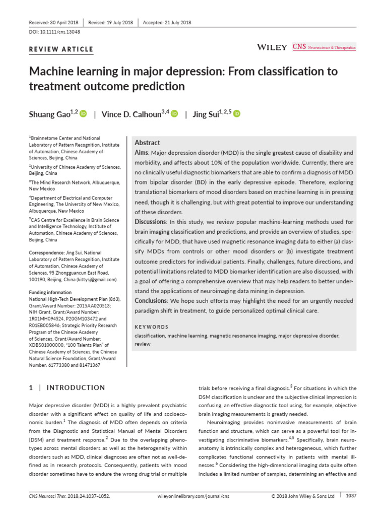 CNS Neuroscience Therapeutics - 2018 - Gao - Machine Learning in Major Depression From ...