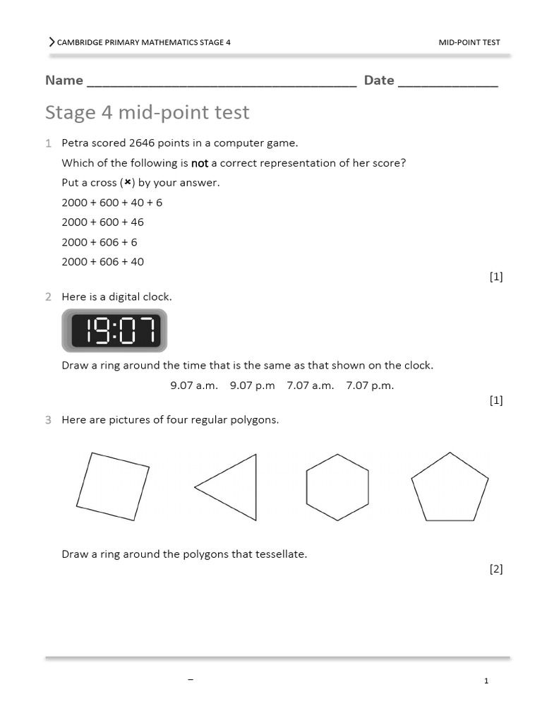 Prim Maths 4 2ed TR Mid Point Test | PDF | Mathematics | Arithmetic