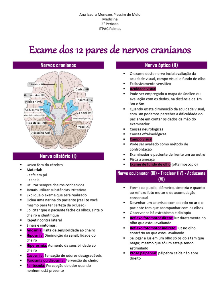 Exame Dos 12 Pares de Nervos Cranianos | PDF | Sistema nervoso ...