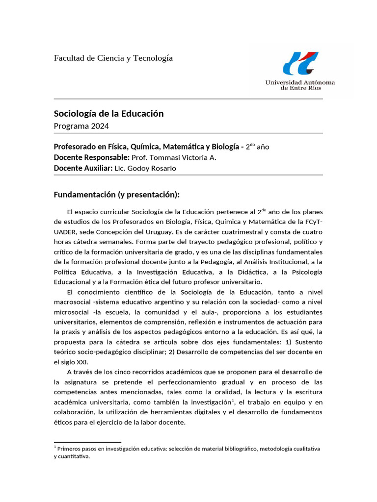 Programa Soc. de La Educ. 2024 | PDF | Sociología | Maestros
