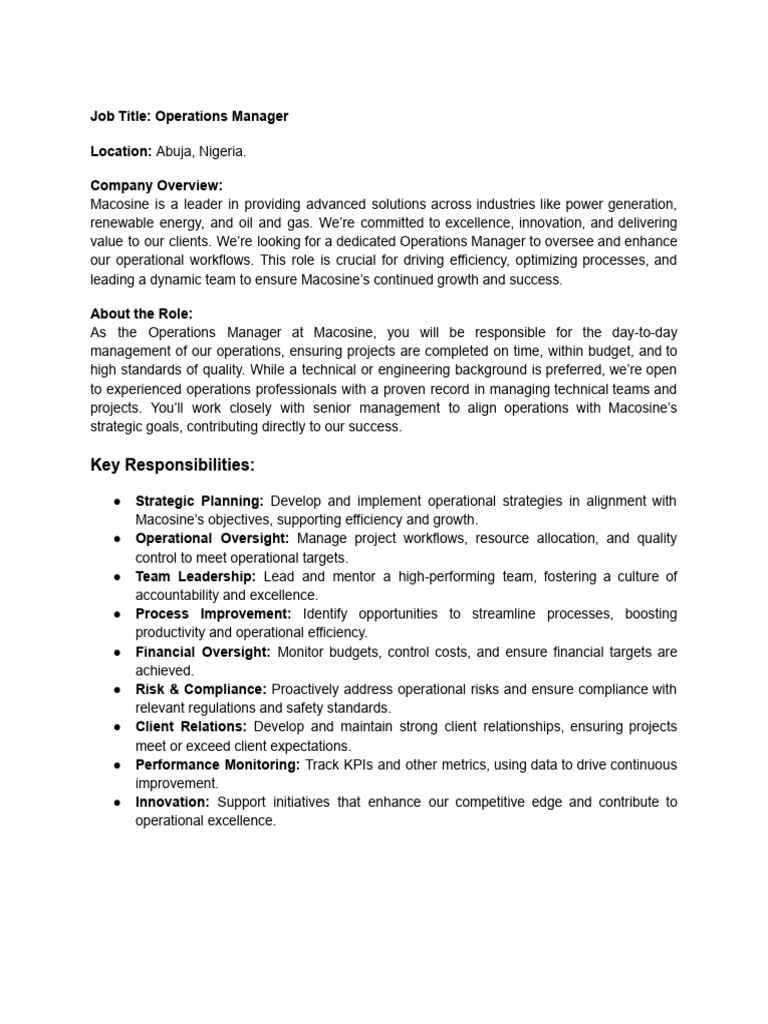 Operations Manager Position at Macosine | PDF | Project Management ...