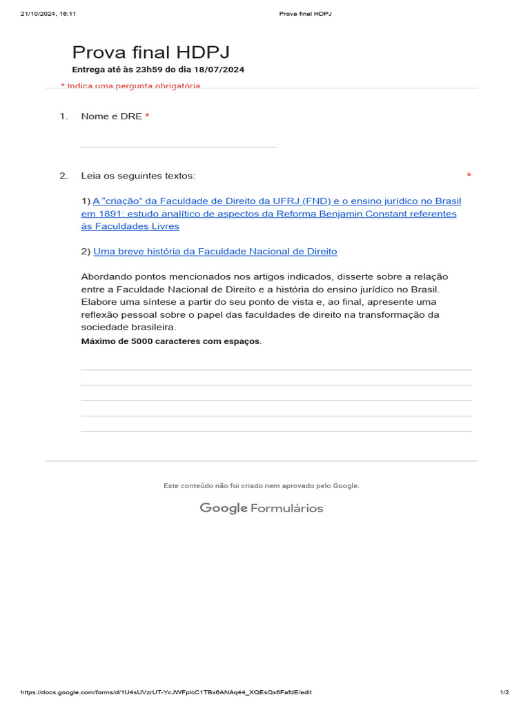 Prova Final HDPJ - Formul-Rios Google | PDF