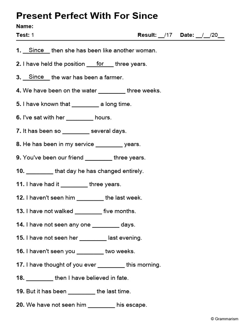 Present Perfect Test: For vs. Since | PDF