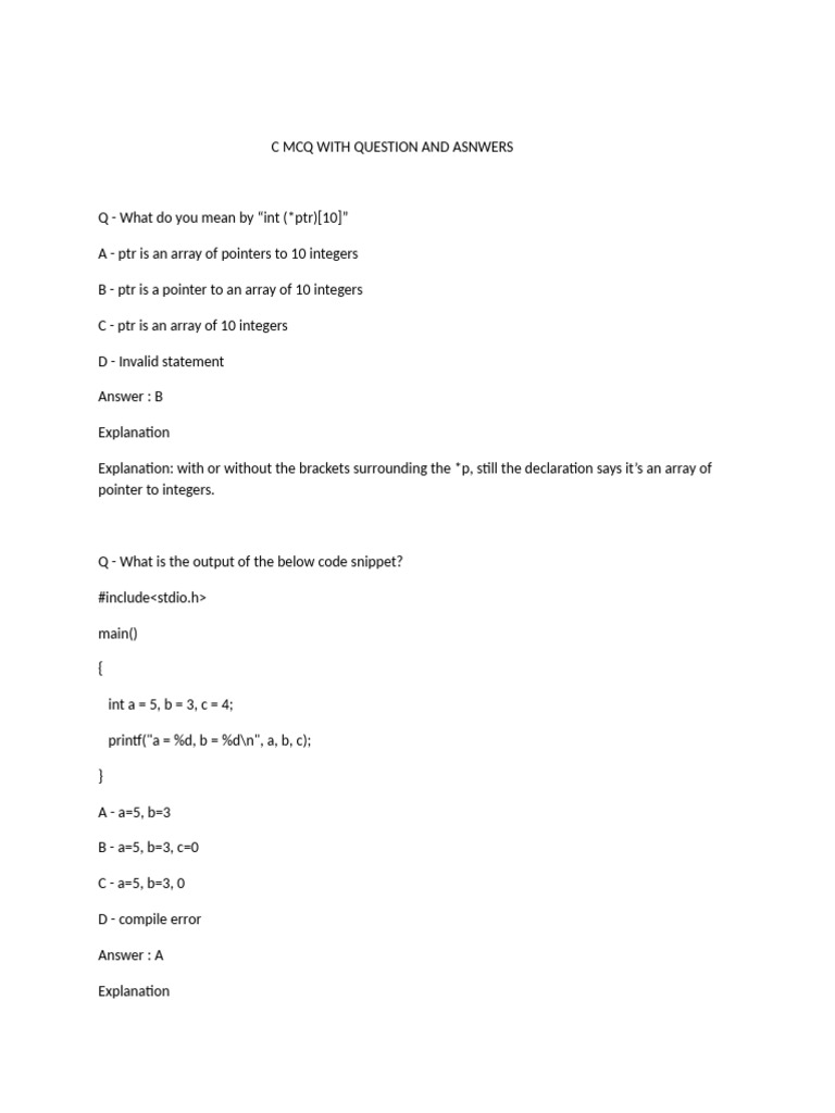 C Programming MCQ with Answers | PDF | Pointer (Computer Programming) | Parameter (Computer ...
