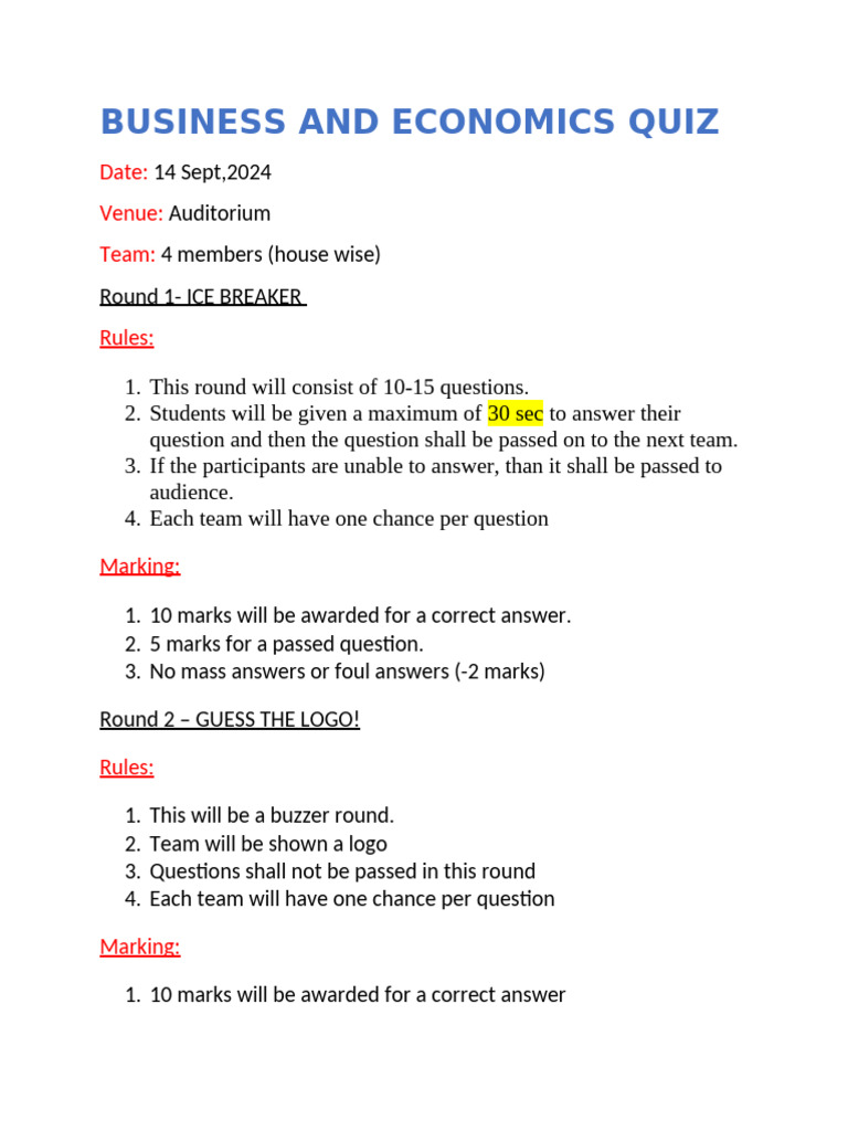 Business and Economics Quiz | PDF | Sports & Recreation