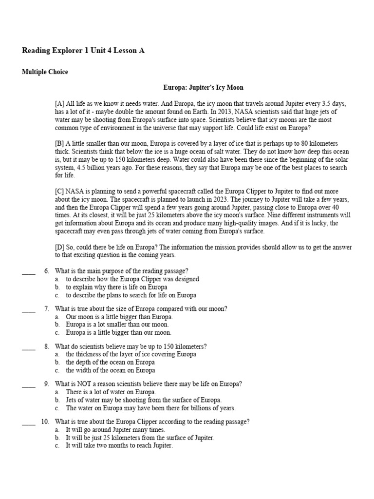 Reading Explorer 1 Unit 4 Lesson A | PDF | Europa (Moon) | Jupiter
