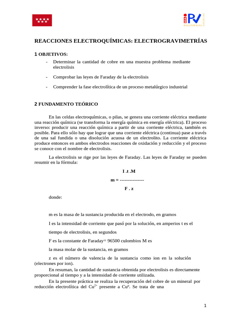 PRÁCTICA ELECTROLISIS | PDF | Electroquímica | Química Física
