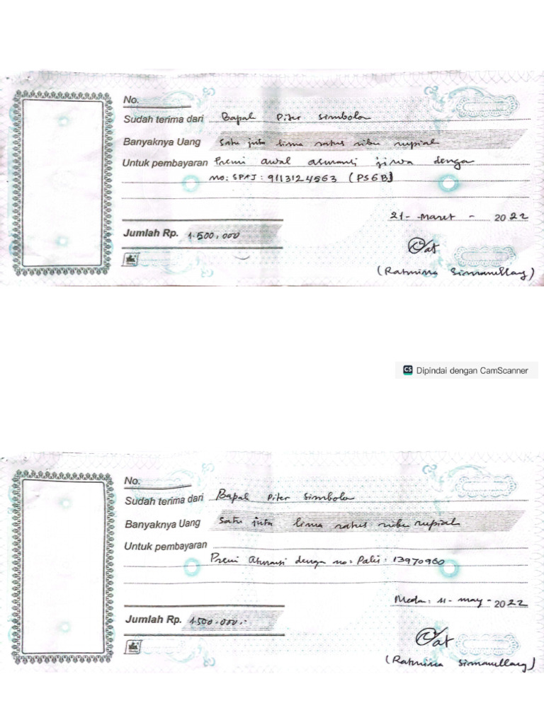 Kwitansi Pembayaran Premi P. Simbolon No Polis 13970960 | PDF