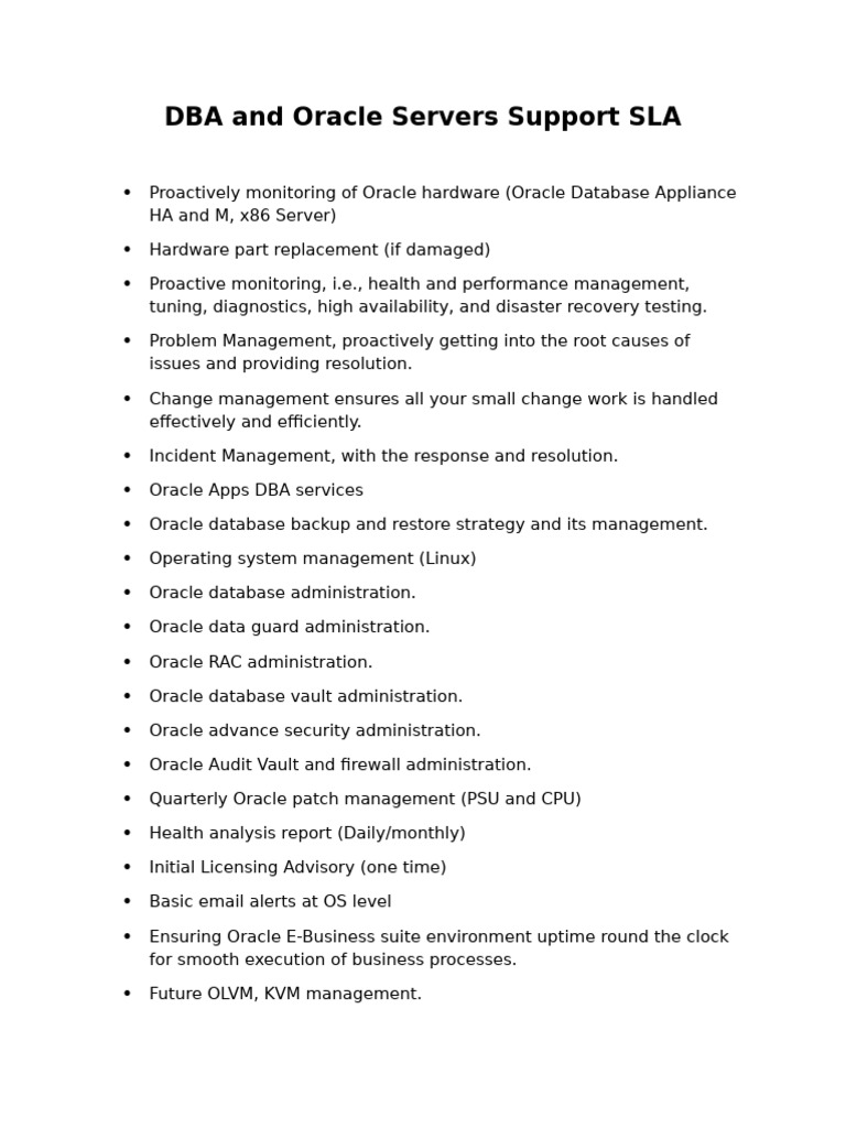 DBA and Oracle Servers Support SLA | PDF | Business | Computers