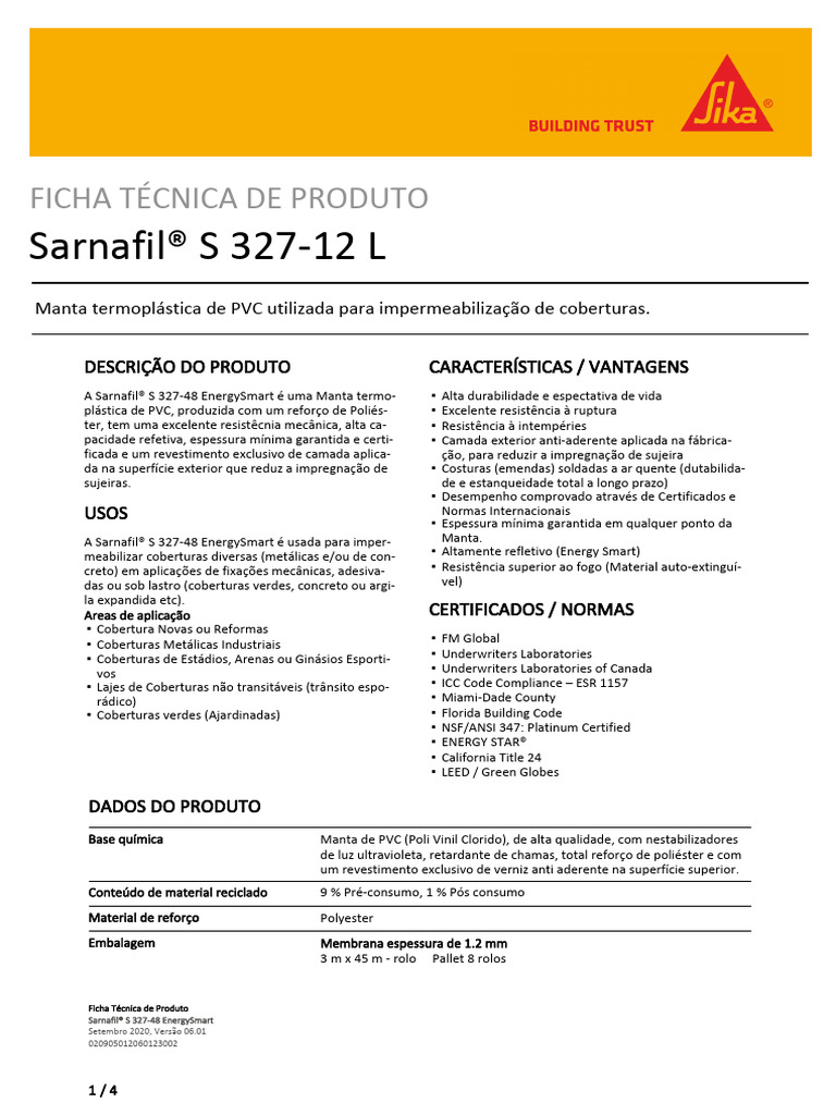 Manta de PVC - Sika - Sarnafil - S - 327-48energysmart | PDF ...