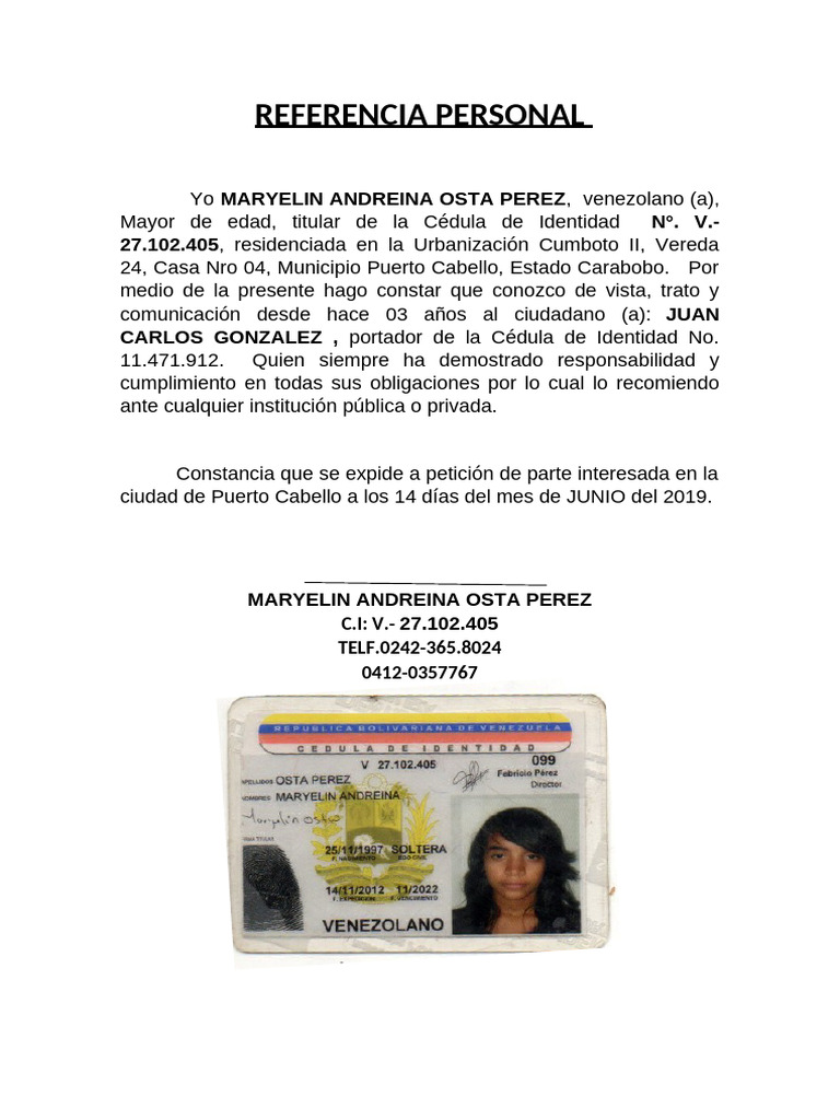 Referencia Personal - Formato Con Cedula | PDF