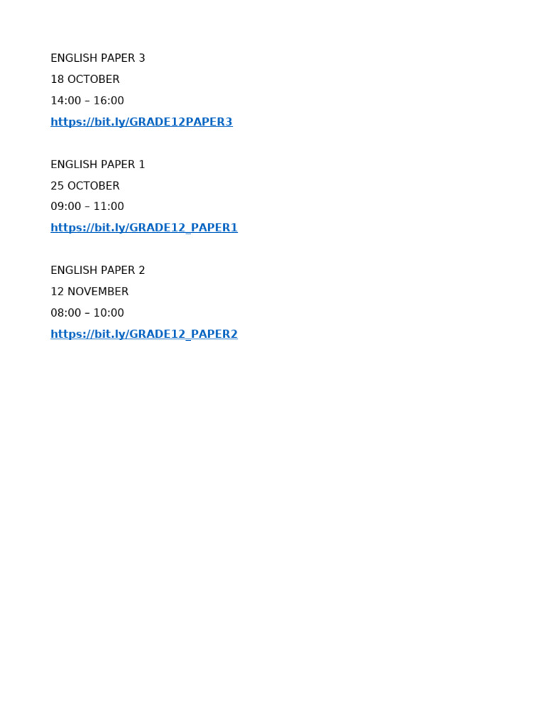 Grade 12 English Exam Schedule | PDF