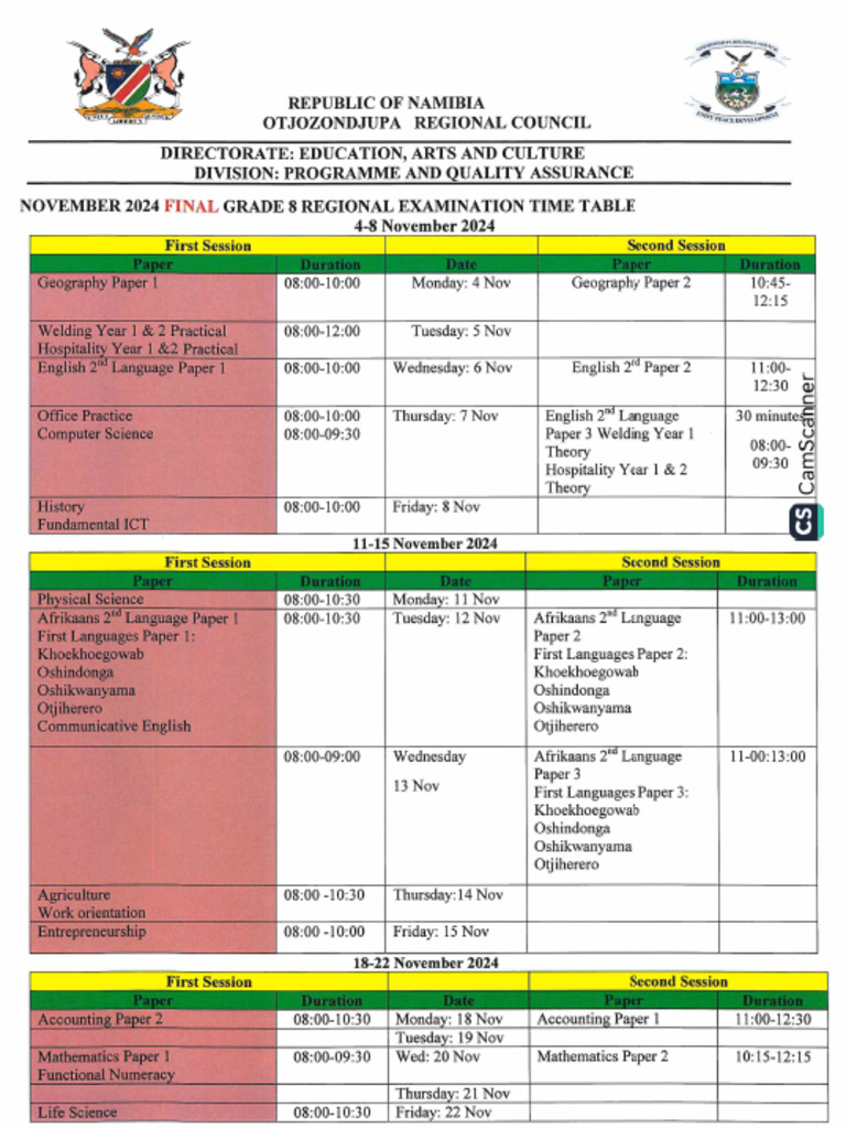 Grade 8 Cluster End of The Year 2024 Examination Timetable PDF | PDF