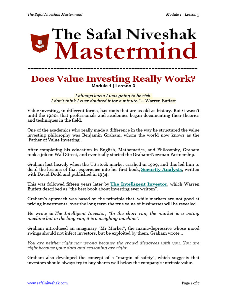 Safal Niveshak Mastermind-Lesson 3-2 | PDF | Value Investing | Investing