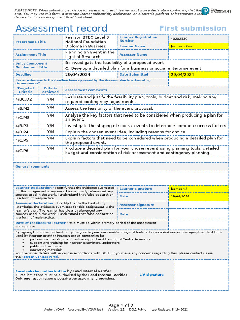 Btec Unit 4 Assignment 2 Assessment Record Pdf Career And Growth