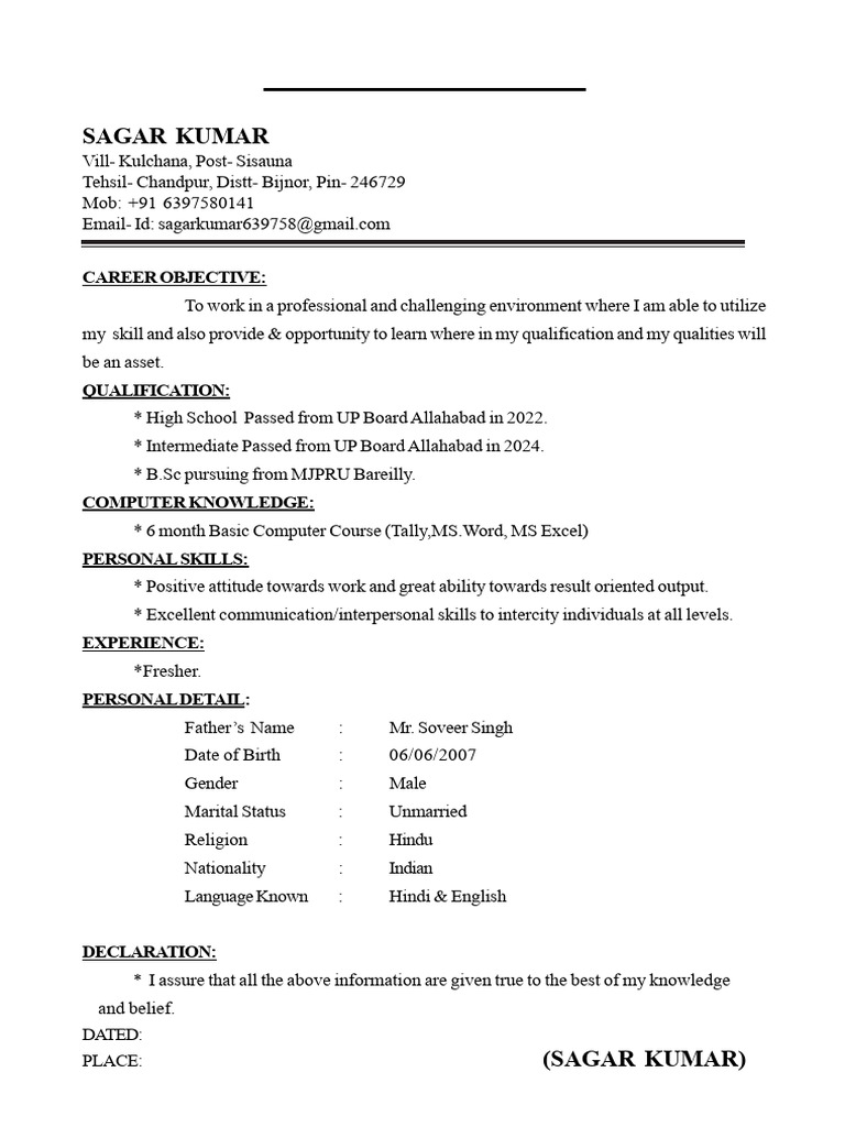 Curriculum Vitae: Sagar Kumar | PDF