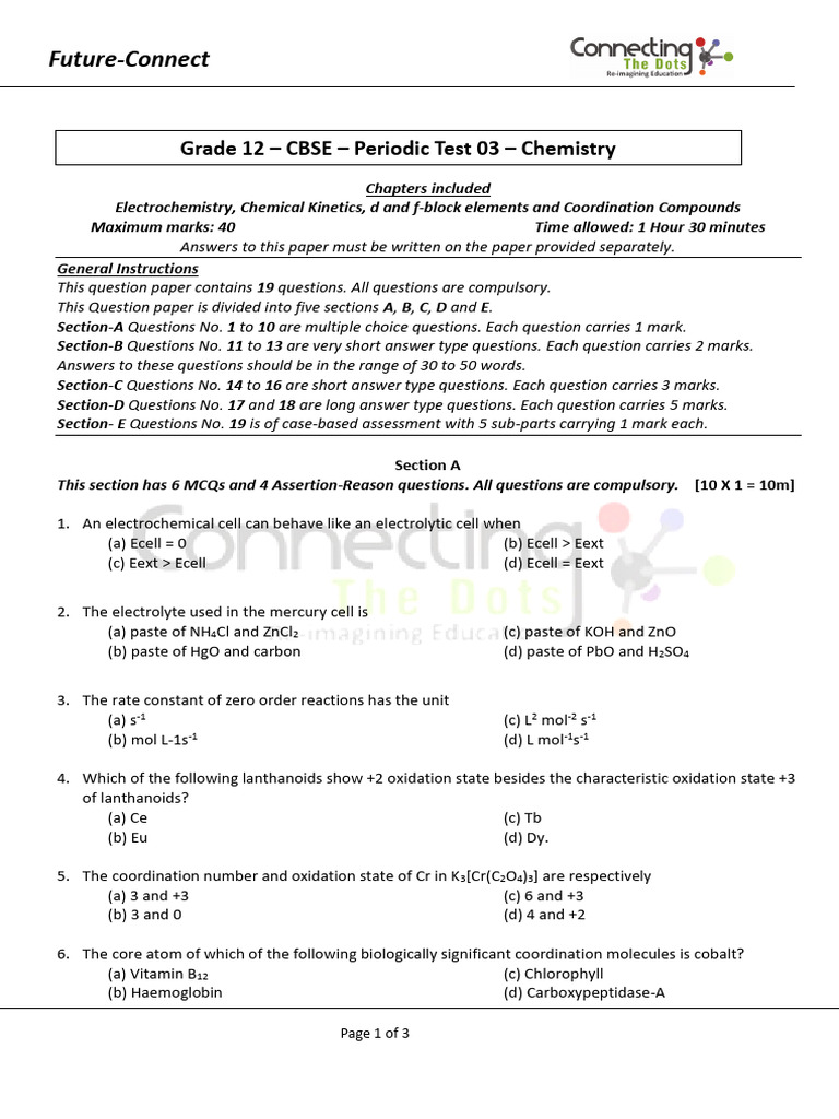 Future Connect CBSE Grade 12 Chemistry ENG Periodic Test 03 Question ...