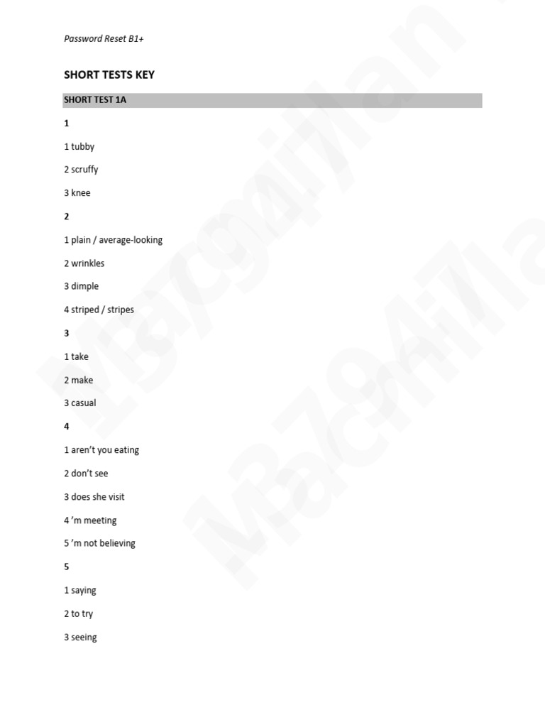 Password Reset B1plus Short Tests Answer Key | PDF