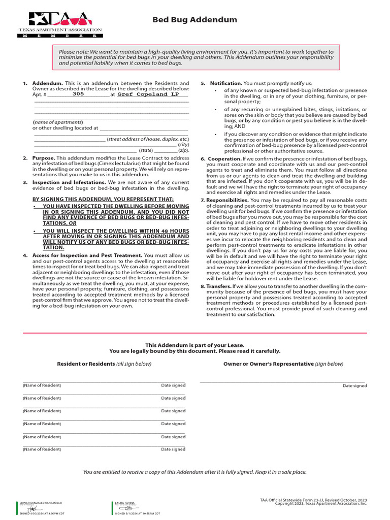 0008 Form BED BUG ADDENDUM Lease 5 1 2024 To 7 6 2025 | PDF