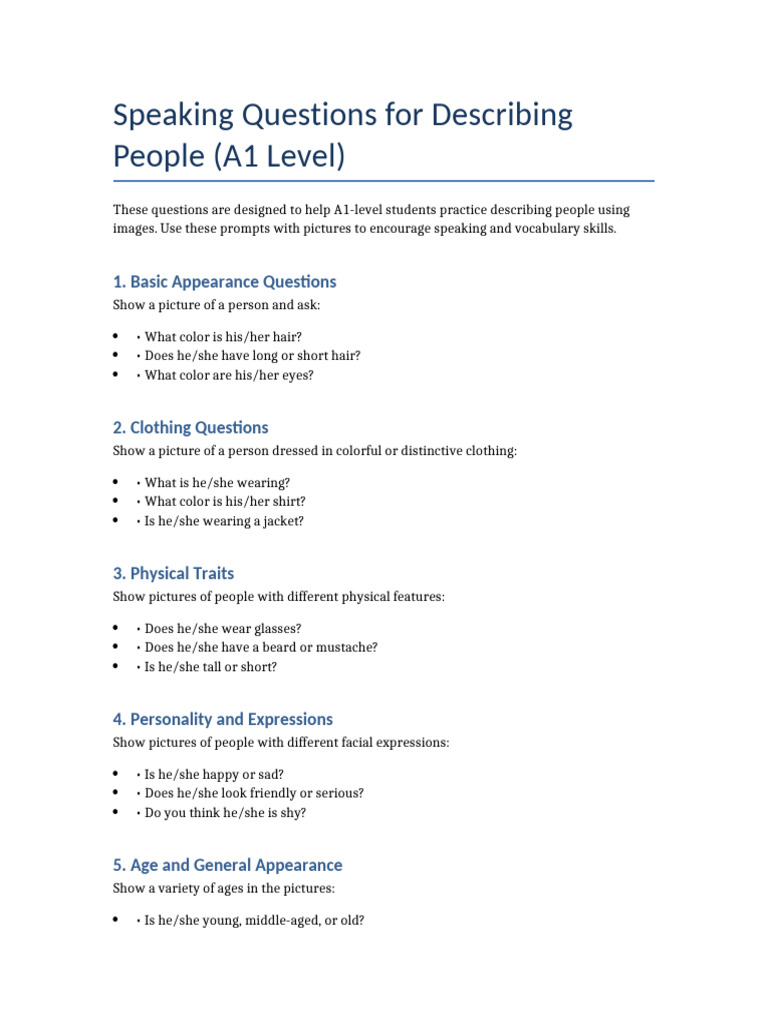 Describing People Questions A1 Level | PDF | Career & Growth