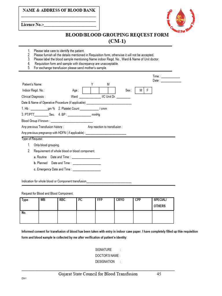 Blood Request Forml | PDF | Blood Transfusion | Serology