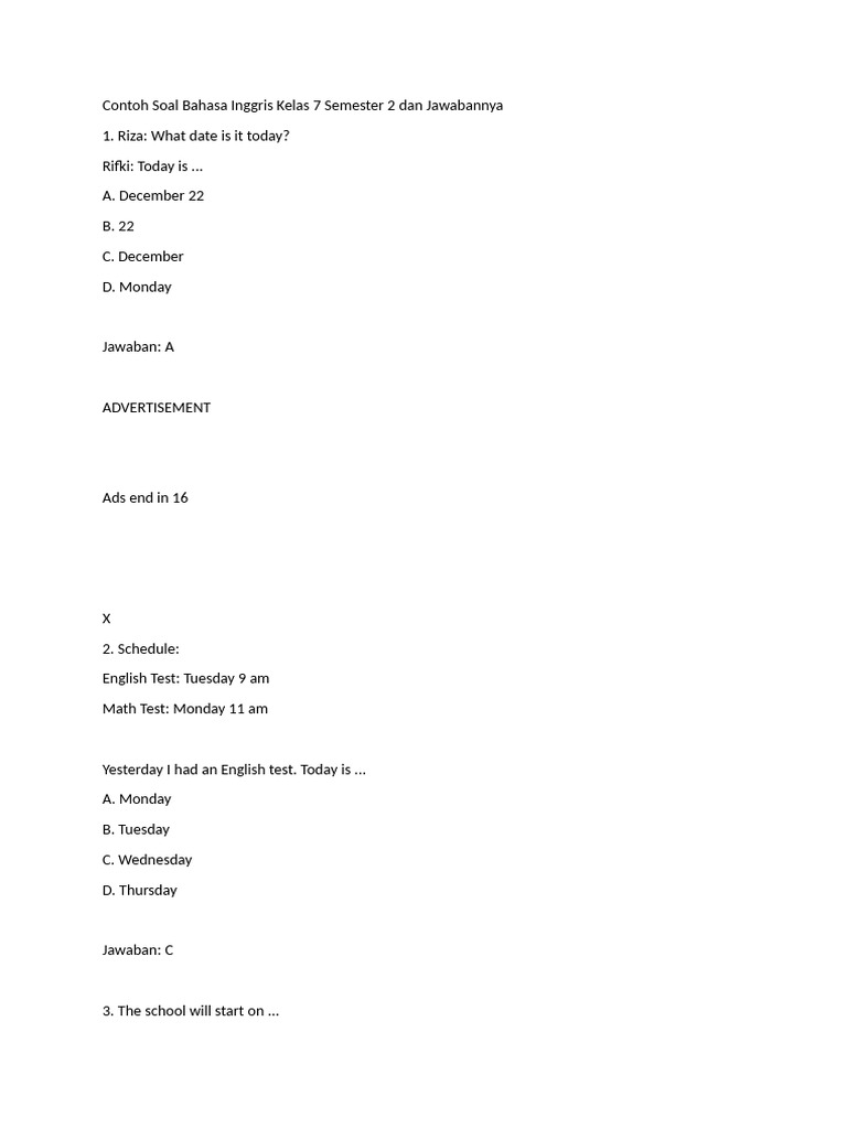 Contoh Soal Bahasa Inggris Kelas 7 Semester 2 | PDF