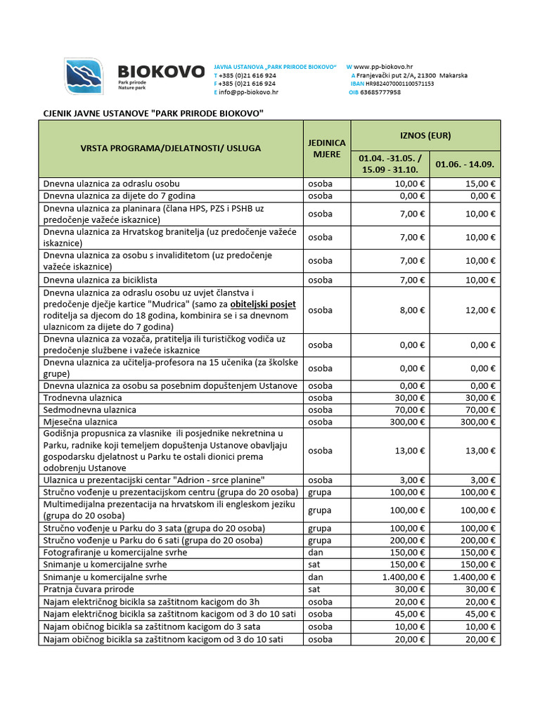 Cjenik Javne Ustanove PP Biokovo 2025 | PDF