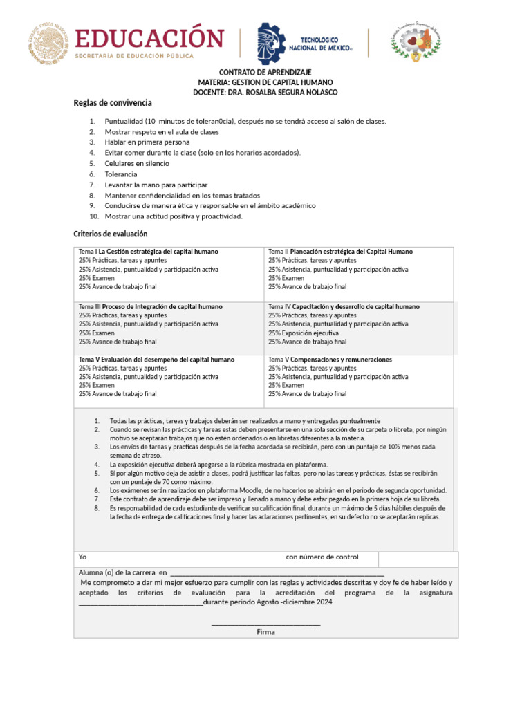 Contrato de Aprendizaje GCH | PDF | Evaluación