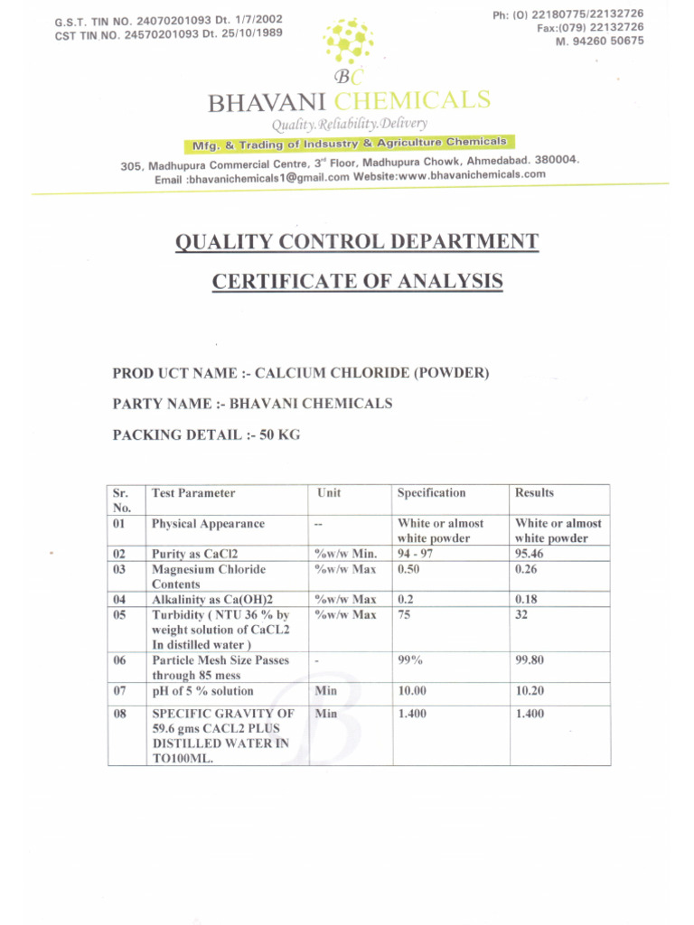Calcium Chloride Powder 95 % Coa | PDF