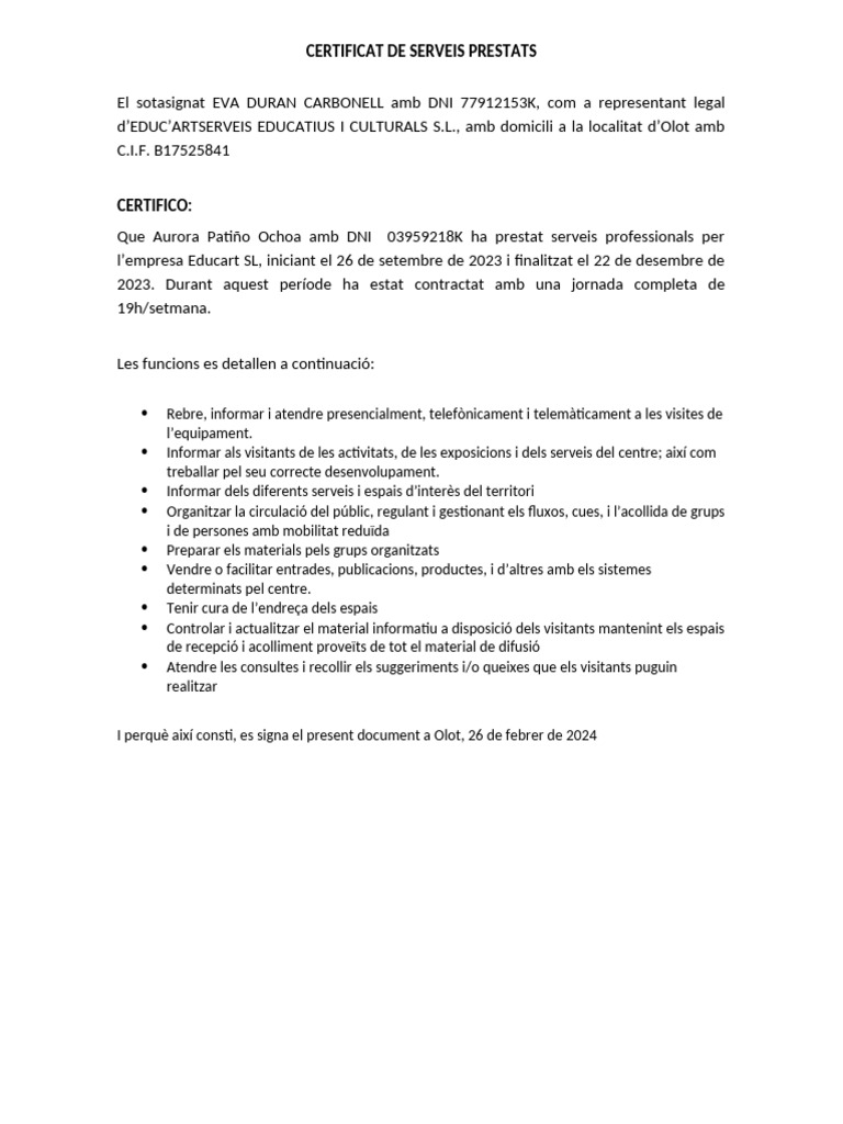 Certificat de Serveis Prestats | PDF